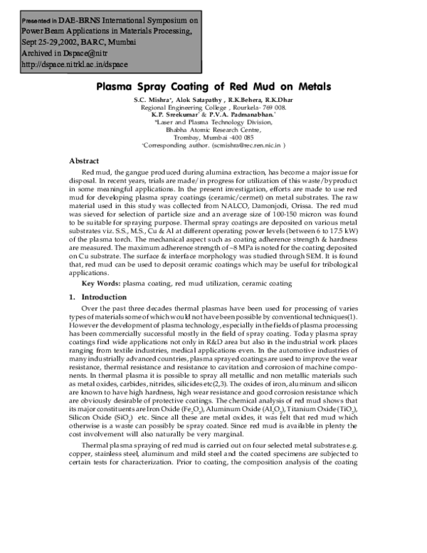 (PDF) Plasma Spray Coating of Red Mud on Metals