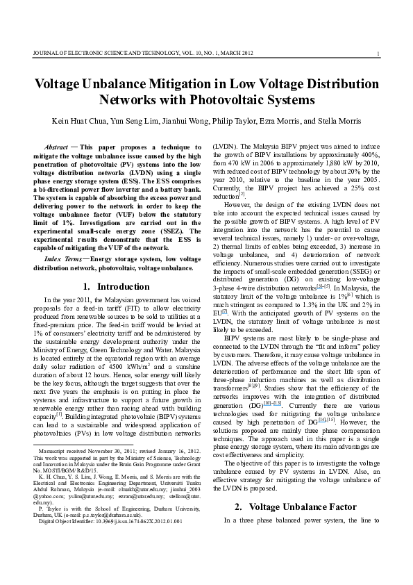 (PDF) Voltage Unbalance Mitigation in Low Voltage Distribution Networks with Photovoltaic System