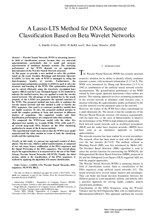 (PDF) A Lasso-LTS Method for DNA Sequence Classification Based on Beta Wavelet Networks