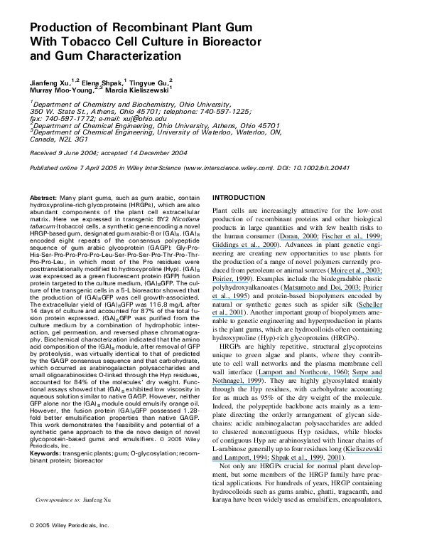 (PDF) Production of recombinant plant gum with tobacco cell culture in ...