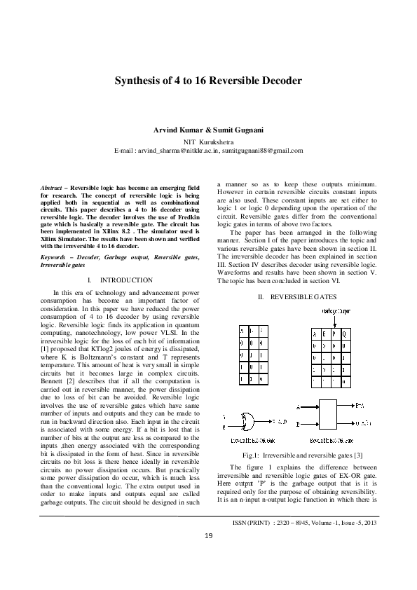 (PDF) Synthesis of 4 to 16 Reversible Decoder