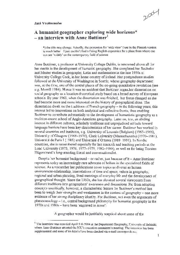 (PDF) A Humanist Geographer exploring wide horizons - an interview with ...