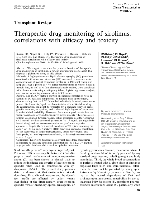 (PDF) Therapeutic drug monitoring of sirolimus: correlations with ...
