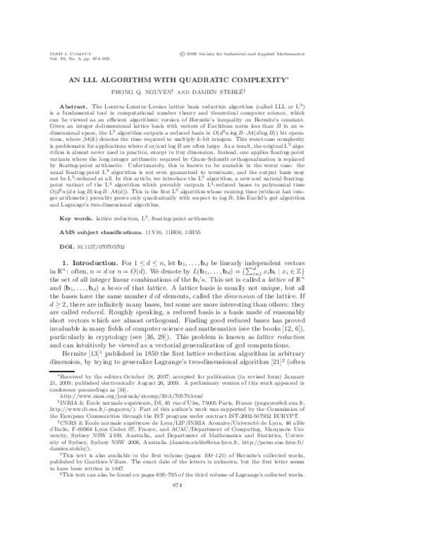 Pdf An Lll Algorithm With Quadratic Complexity
