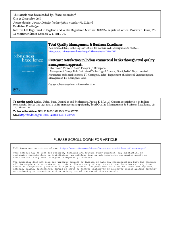 (PDF) Customer satisfaction in Indian commercial banks through total quality management approach