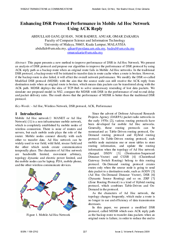 Pdf Enhancing Dsr Protocol Performance In Mobile Ad Hoc Network Using