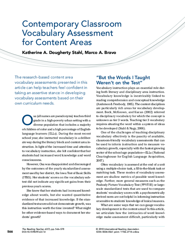 (PDF) Contemporary Classroom Vocabulary Assessment for Content Areas