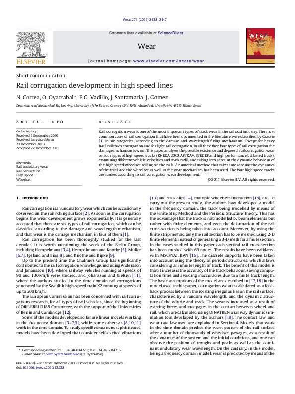 (PDF) Rail corrugation development in high speed lines