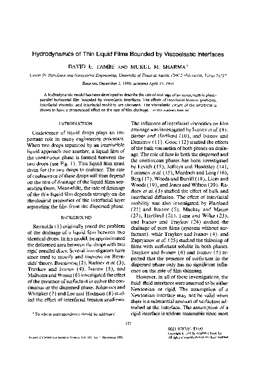 (PDF) Hydrodynamics of thin liquid films bounded by viscoelastic interfaces