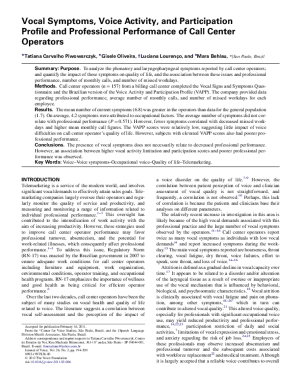 (PDF) Vocal Symptoms, Voice Activity, and Participation Profile and ...