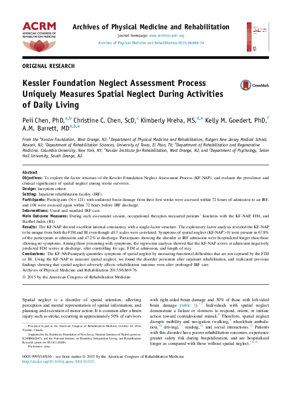 (PDF) Kessler Foundation Neglect Assessment Process Uniquely Measures ...
