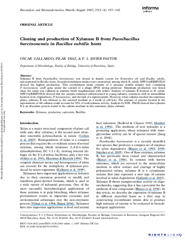 (PDF) Cloning and production of Xylanase B from Paenibacillus barcinonensis in Bacillus subtilis ...