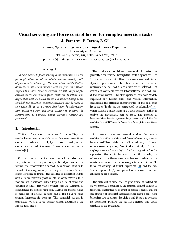 (PDF) Visual servoing and force control fusion for complex insertion tasks