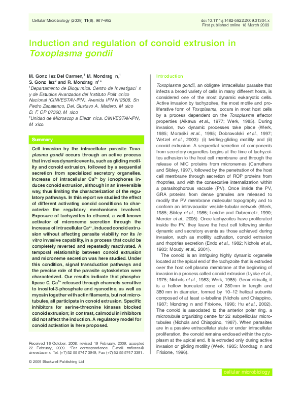 (PDF) Induction and regulation of conoid extrusion in Toxoplasma gondii