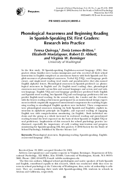 (PDF) Phonological Awareness and Beginning Reading: Evaluation of a ...