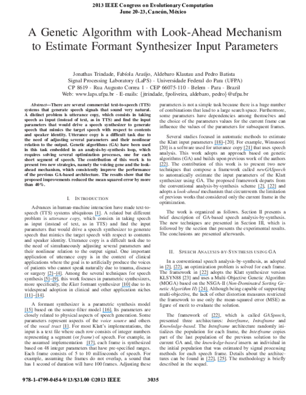 (PDF) A genetic algorithm with look-ahead mechanism to estimate formant synthesizer input parameters