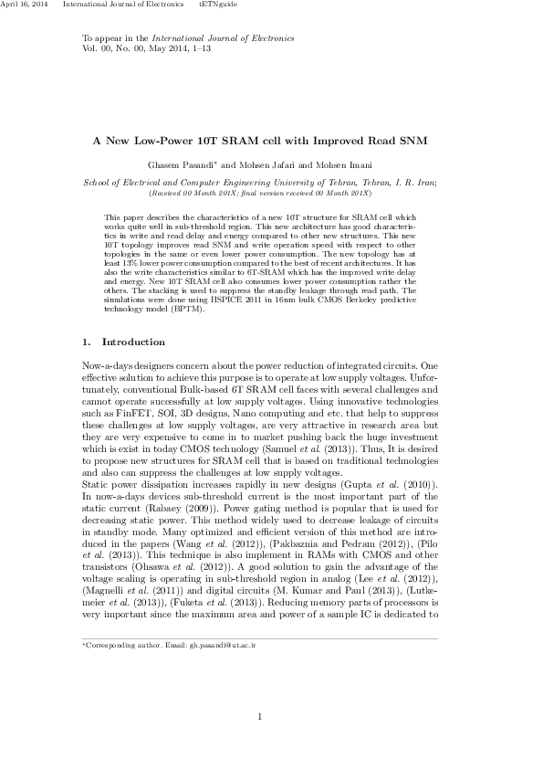 (PDF) A New Low-Power 10T SRAM cell with Improved Read SNM