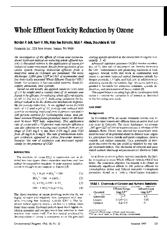 Pdf Whole Effluent Toxicity Reduction By Ozone