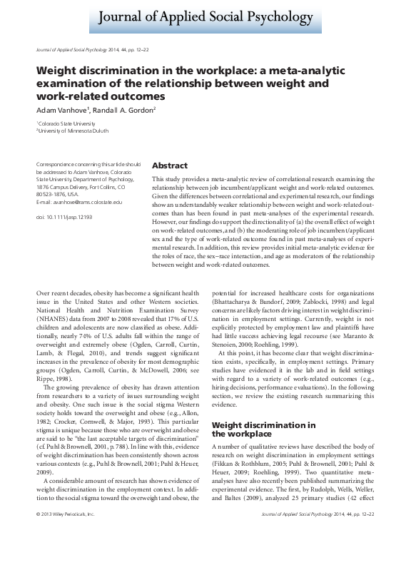 (PDF) Weight discrimination in the workplace: a meta-analytic ...
