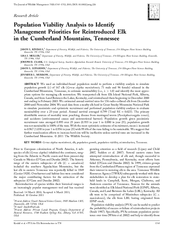 (PDF) Population viability analysis to identify management priorities for reintroduced Elk in ...