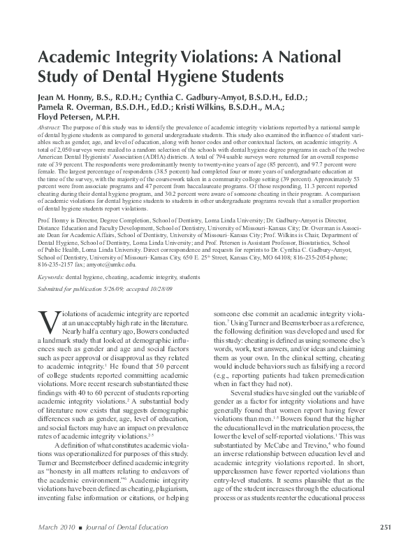 (PDF) Academic integrity violations: a national study of dental hygiene ...