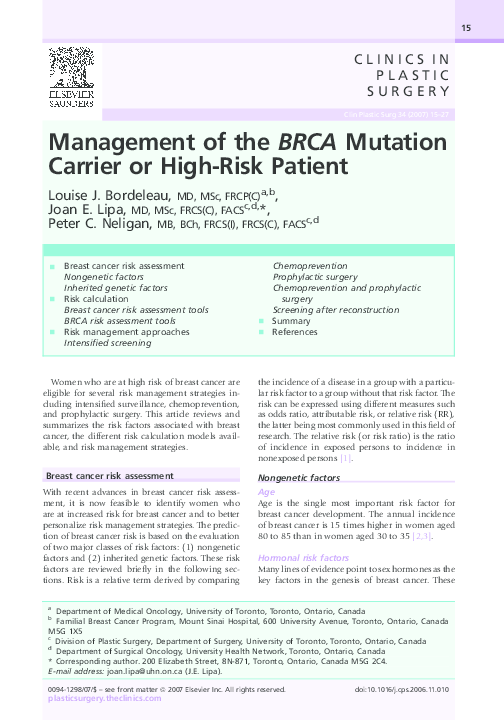 (PDF) Management of the BRCA Mutation Carrier or High-Risk Patient