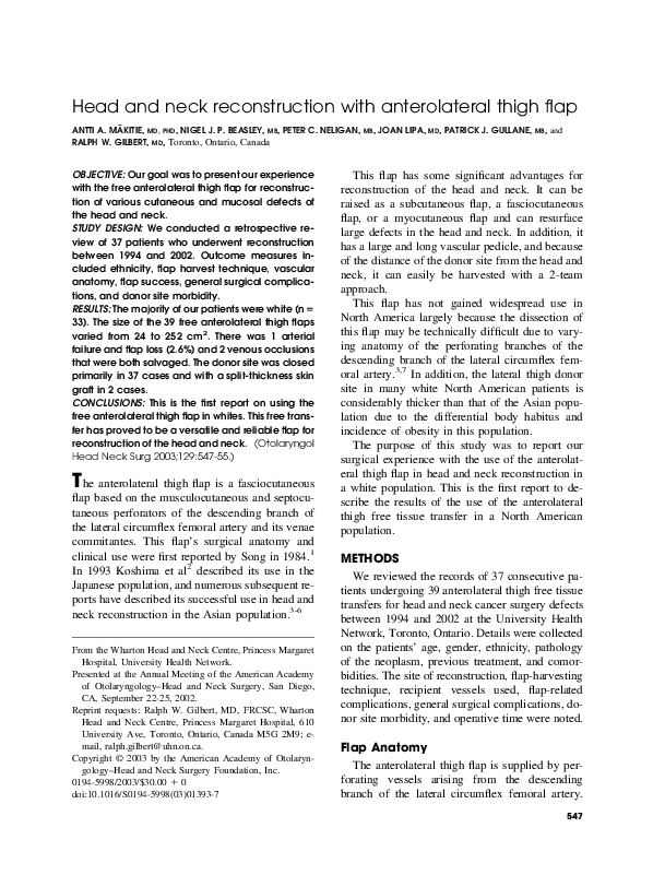 (PDF) Anterolateral Thigh Perforator Flaps in Head and Neck Reconstruction | Fu-chan Wei ...