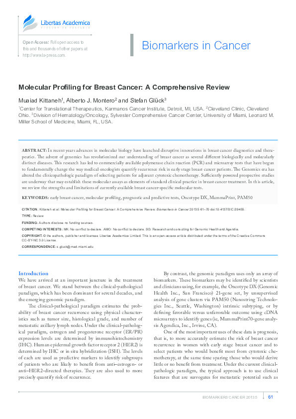 (PDF) Molecular Profiling for Breast Cancer: A Comprehensive Review