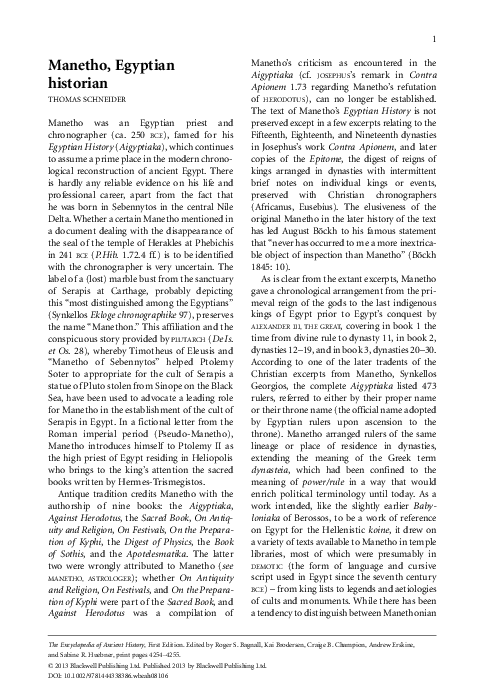 Manetho, Egyptian historian, in: The Encyclopedia of Ancient History ...
