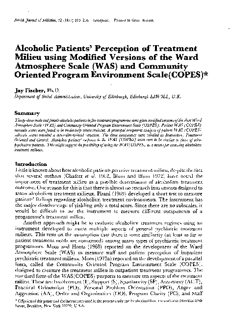 (PDF) Alcoholic Patients' Perception of Treatment Milieu using Modified ...