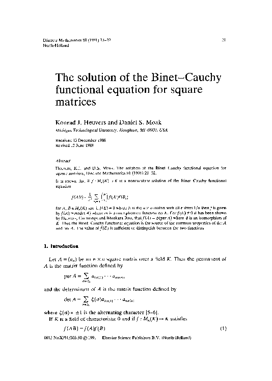 (PDF) The solution of the Binet-Cauchy functional equation for square matrices