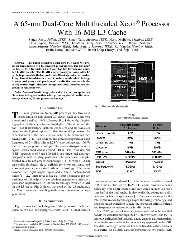(PDF) A 65-nm Dual-Core Multithreaded Xeon® Processor With 16MB L3 Cache