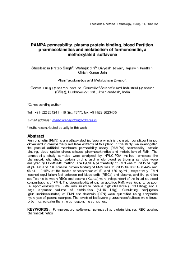 (PDF) PAMPA permeability, plasma protein binding, blood partition ...