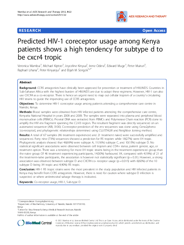 (PDF) Predicted HIV-1 coreceptor usage among Kenya patients shows a high tendency for subtype d ...