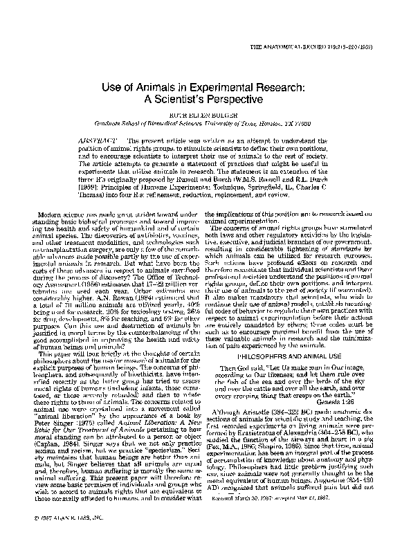 (PDF) Use of animals in experimental research: a scientist's perspective