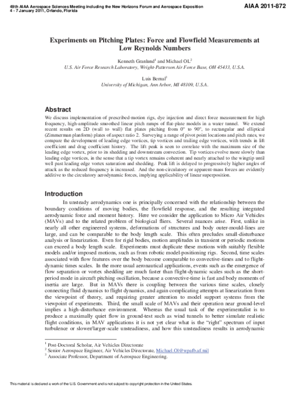 (PDF) Experiments on Pitching Plates: Force and Flowfield Measurements ...