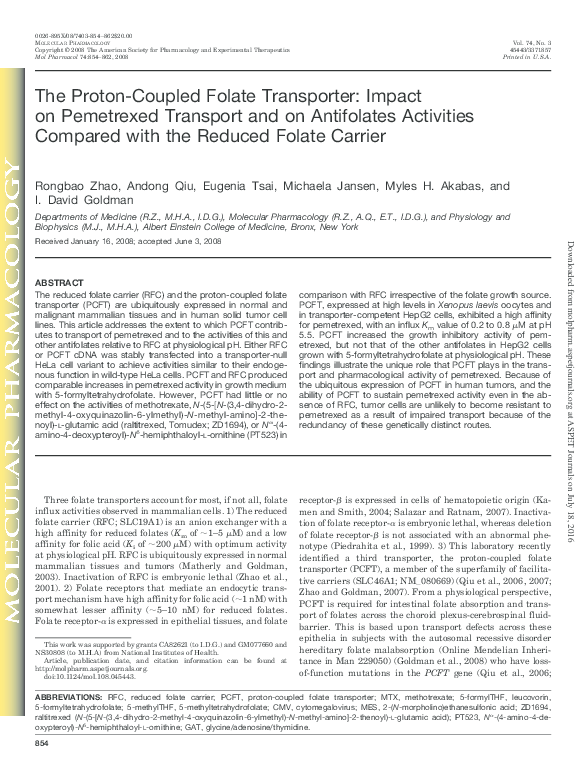 (PDF) The Proton-Coupled Folate Transporter: Impact on Pemetrexed ...