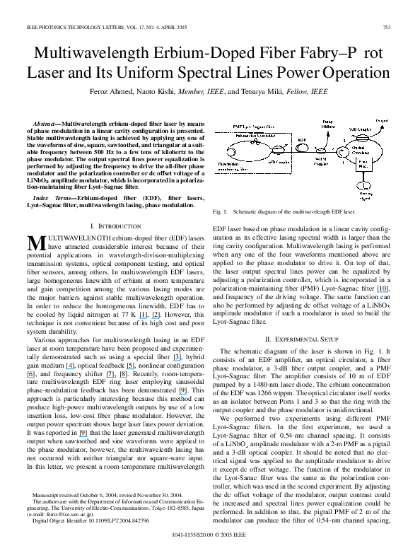 (PDF) Multiwavelength erbium-doped fiber Fabry-Pe/spl acute/rot laser and its uniform spectral ...