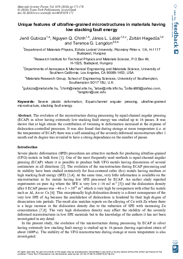 (PDF) Unique Features of Ultrafine-Grained Microstructures in Materials Having Low Stacking ...