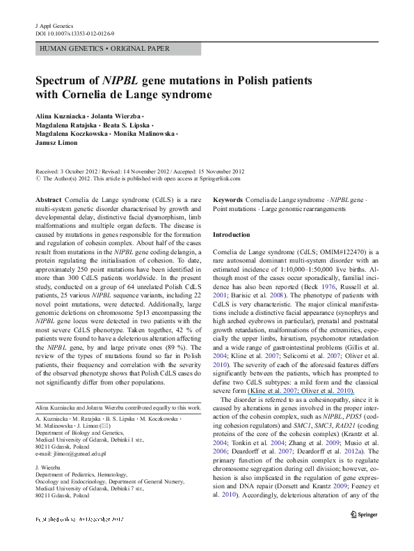 (PDF) Spectrum of NIPBL gene mutations in Polish patients with Cornelia ...