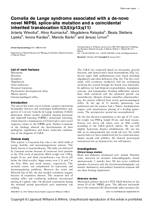 (PDF) Cornelia de Lange syndrome associated with a de-novo novel NIPBL splice-site mutation and ...
