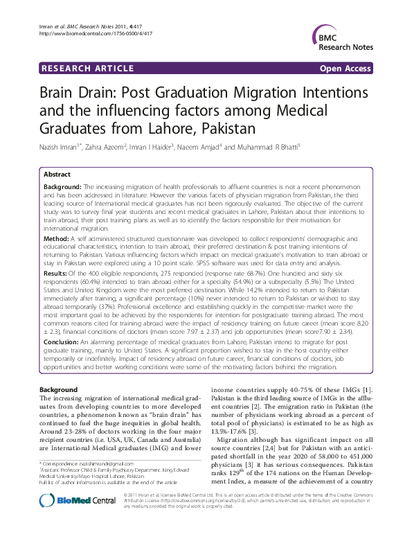 (PDF) Brain Drain: Post Graduation Migration Intentions and the ...
