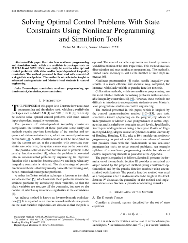 Pdf Solving Optimal Control Problems With State Constraints Using