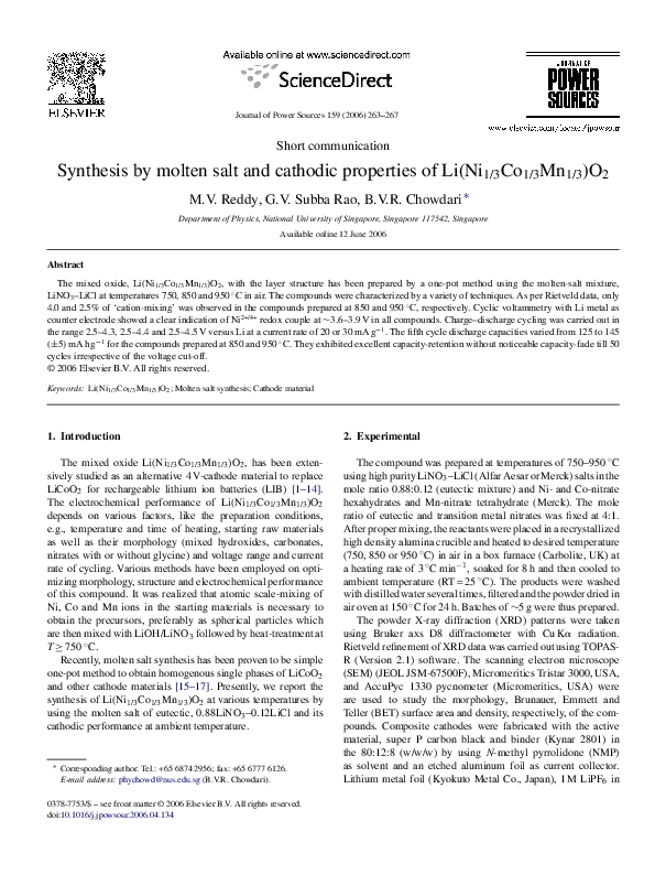 (PDF) Synthesis by molten salt and cathodic properties of Li(Ni1/3Co1/3Mn1/3)O2