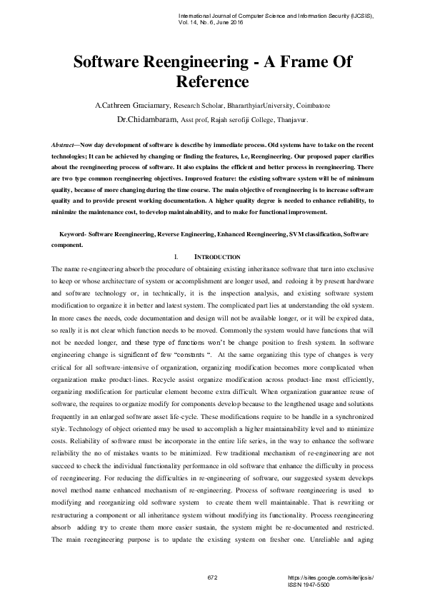 (PDF) Software Reengineering -A Frame Of Reference