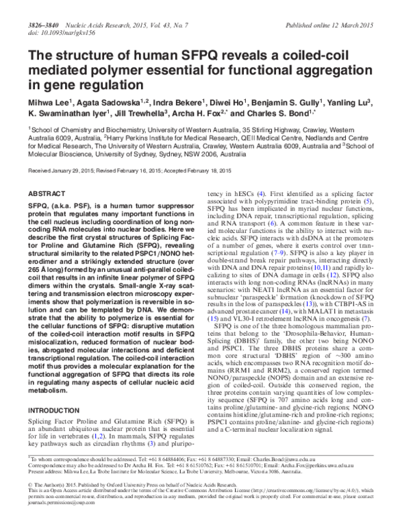 (PDF) The structure of human SFPQ reveals a coiled-coil mediated ...