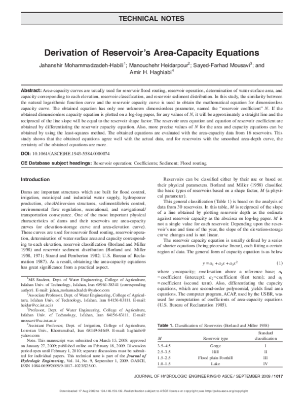 (PDF) Derivation of Reservoir’s Area-Capacity Equations