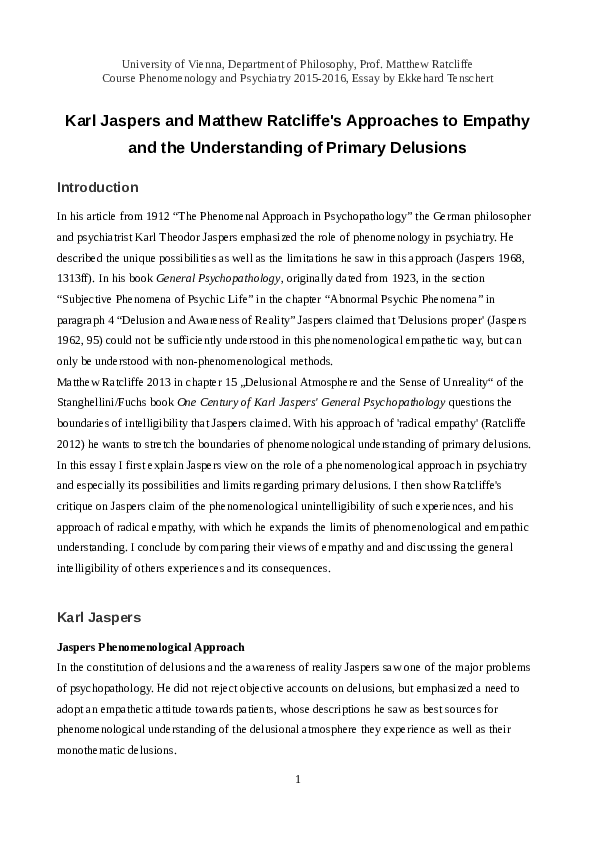 (PDF) Karl Jaspers and Matthew Ratcliffe's Approaches to Empathy and ...