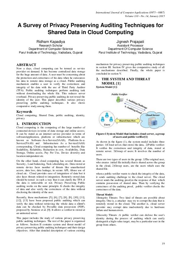 (PDF) A Survey of Privacy Preserving Auditing Techniques for Shared Data in Cloud Computing