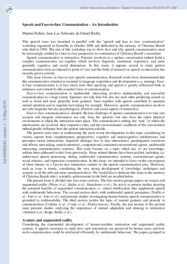 (PDF) Speech and face-to-face communication – An introduction